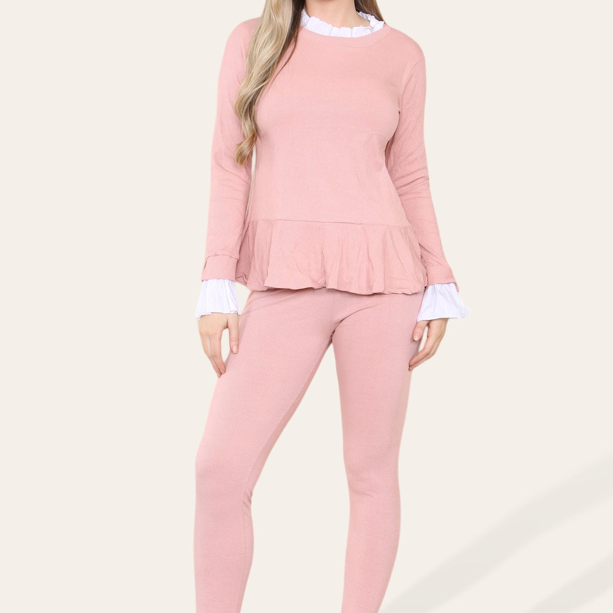 Peplum Frill Neck Suit Pleated Lounge Wear Set – WearAll